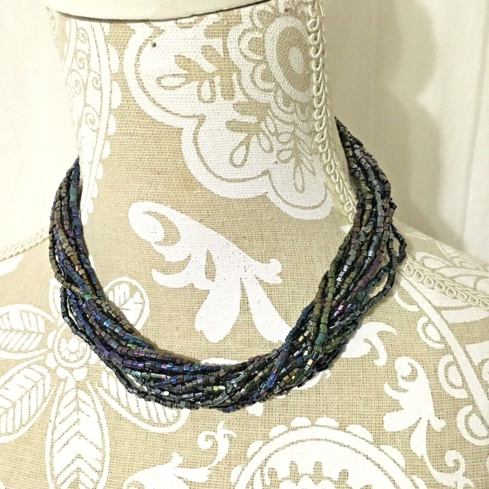 16" Multi Strand Seed Bead Statement Necklace Black I… - Gem